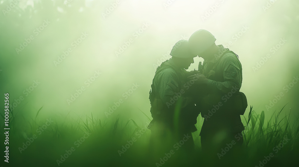 an intimate scene of soldiers helping each other in the midst of ...
