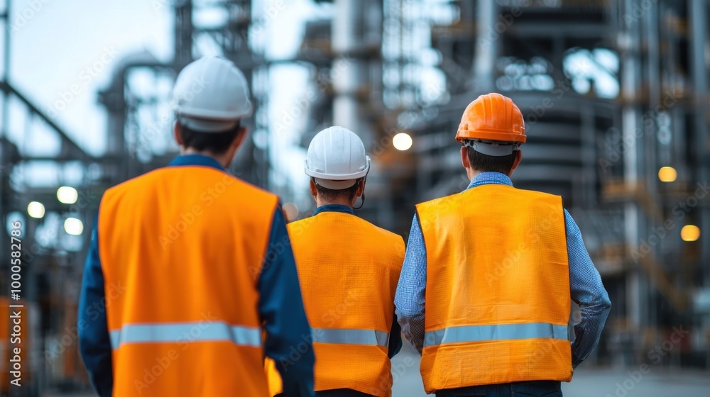 Workers in safety gear walk towards a large industrial facility ...