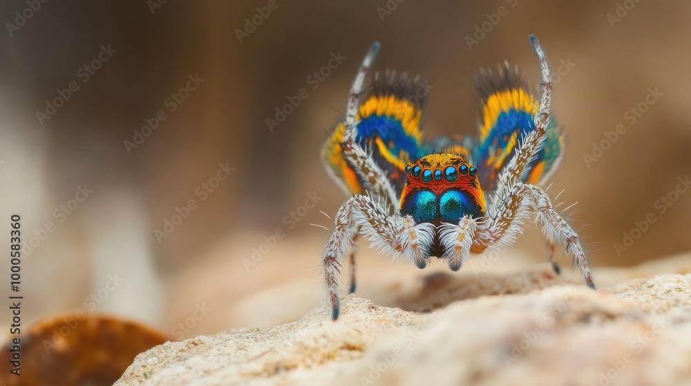 A colorful peacock spider performing its unique mating dance ...