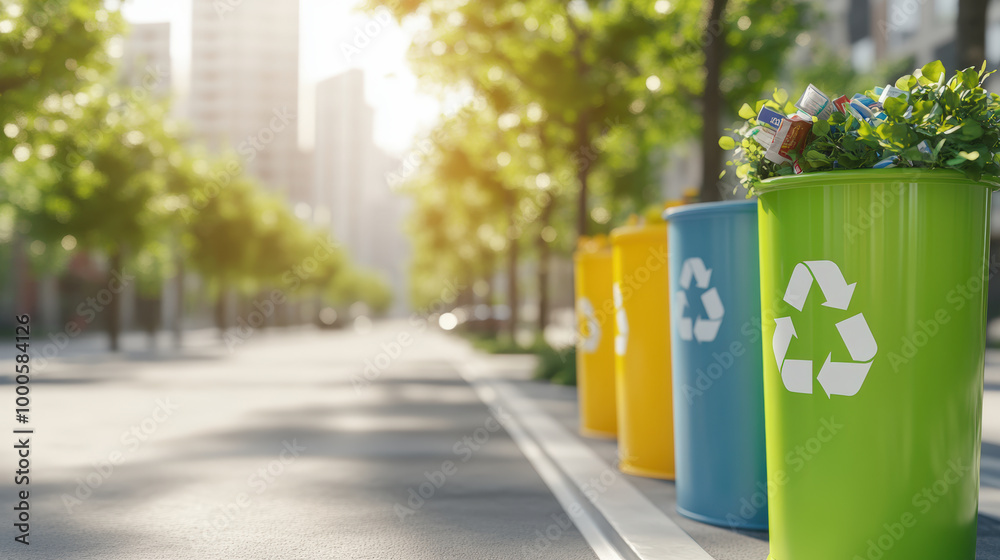Colorful recycling bins lined up on a city street, filled with ...
