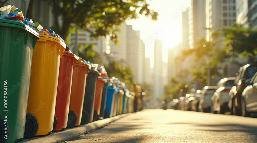 Colorful trash bins line a city street, illuminated by the setting sun, as parked cars occupy ...