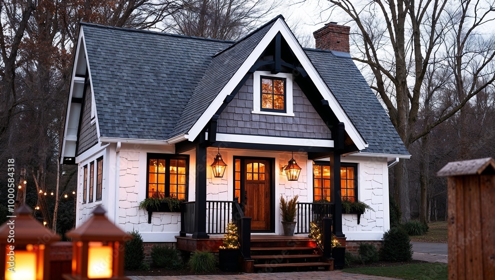 small Tudor-style house with a steeply pitched, gray shingled roof and ...