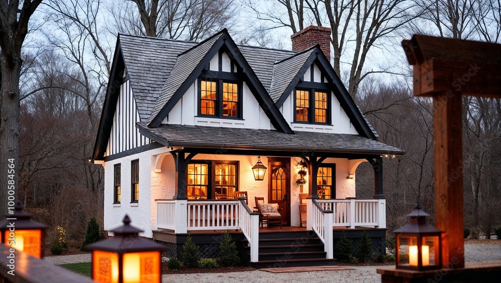 small Tudor-style house with a steeply pitched, gray shingled roof and ...