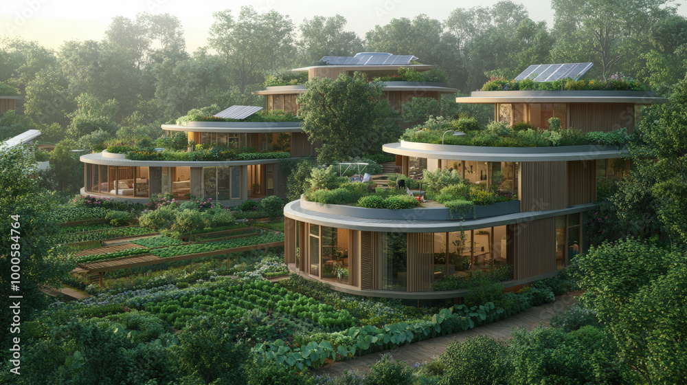 Sustainable eco-homes with rooftop gardens surrounded by lush greenery ...