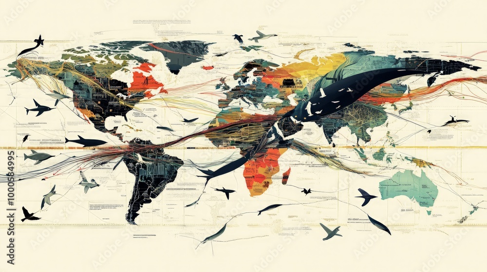 Global Wildlife Migration Map, an intricate illustration displaying ...