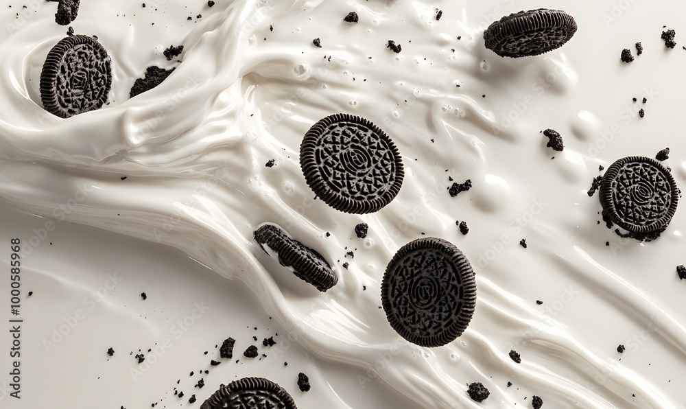 Creamy milk and delicious Oreo cookie chunks moving in smooth motion ...