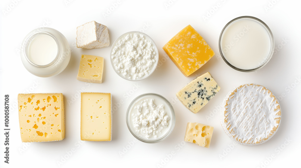 Assorted dairy products arranged on a white background, including ...