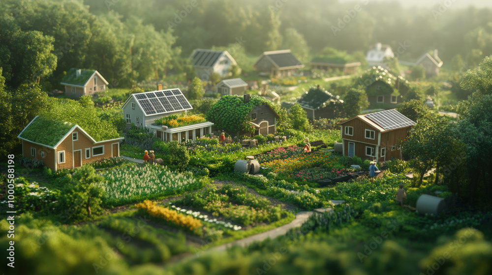 A picturesque eco-friendly village with solar-powered houses and lush ...