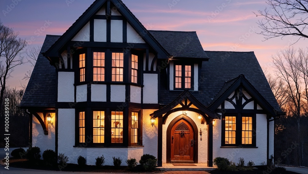two-story Tudor-style house at dusk. The house features a steeply ...
