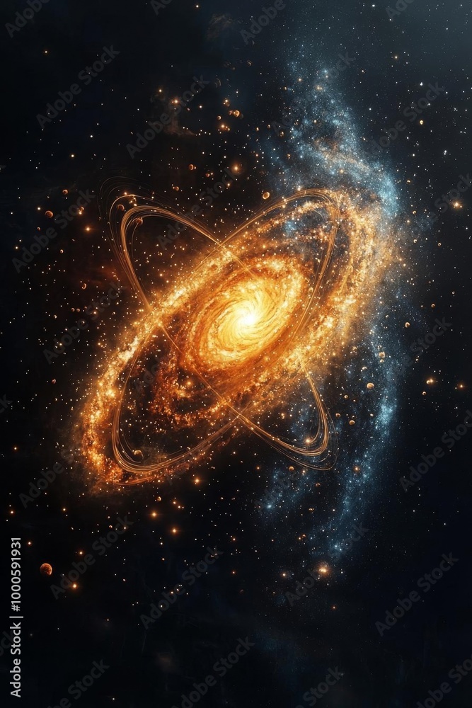 A comparative image showing an atom on the left side and a galaxy on ...