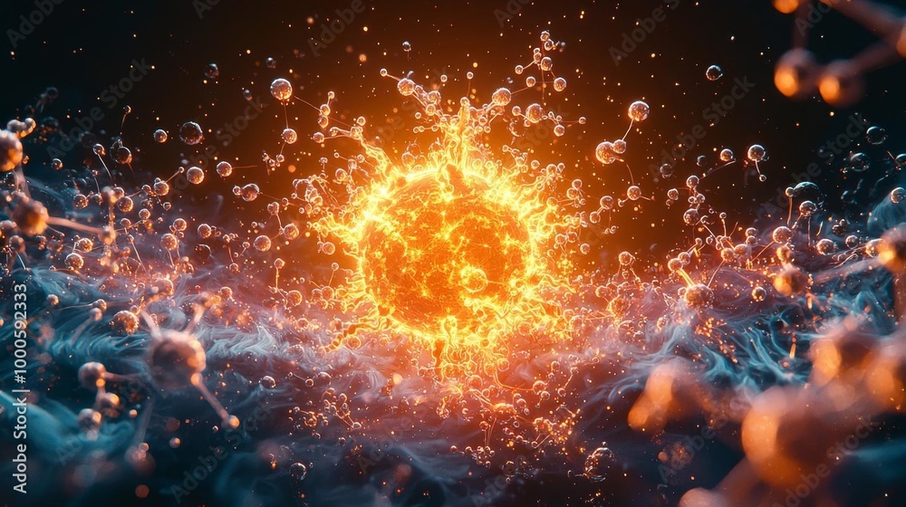 a woodcut of the sun made out of molecules and atoms, dark background ...