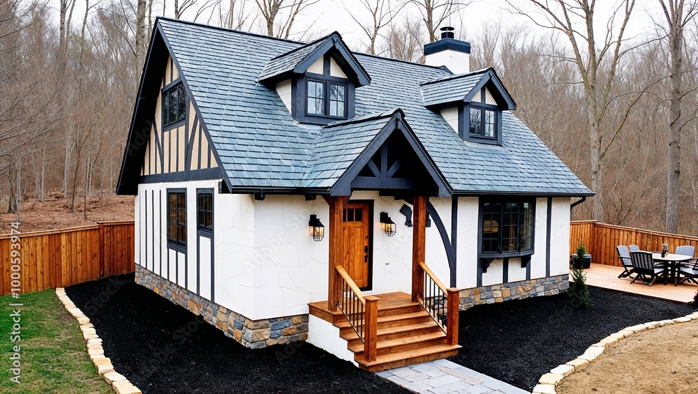 Tudor-style house with a steeply pitched roof and half-timbered ...