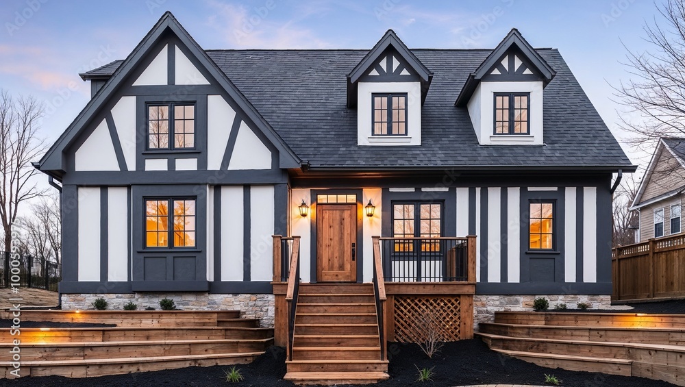 Tudor-style house with a steeply pitched roof and half-timbered ...
