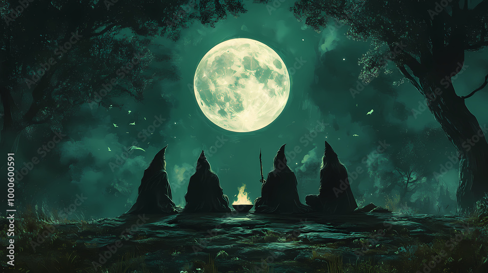 A Witches Coven Gathers Under The Full Moon Casting Spells And