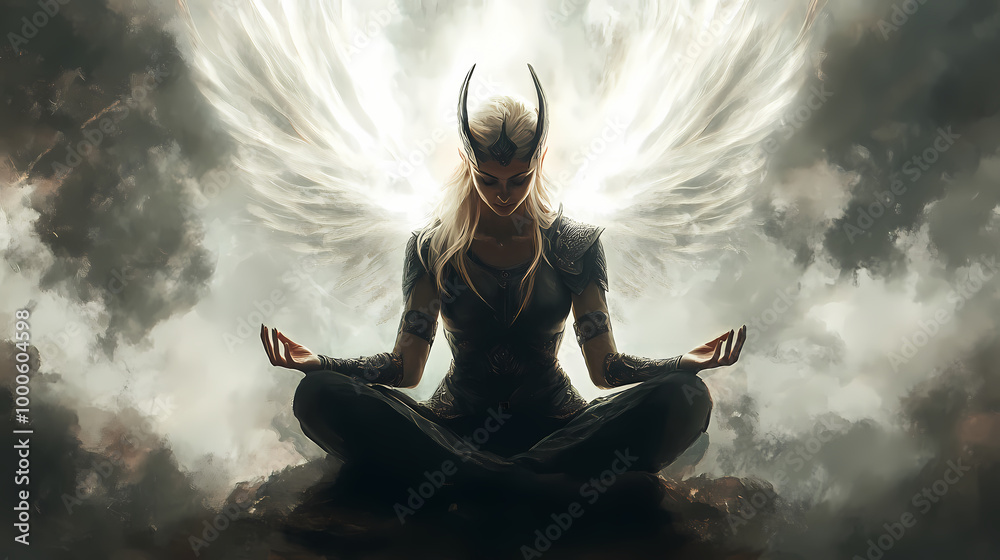 Beautiful female viking valkyrie meditating before battle, a god aura ...