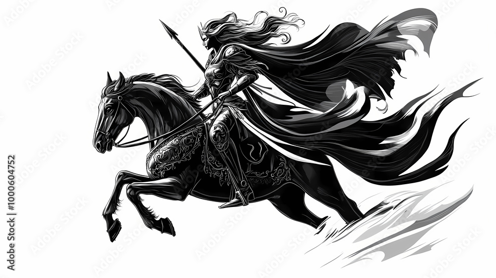 Black and white illustration of a valkyrie on a horse on a white ...