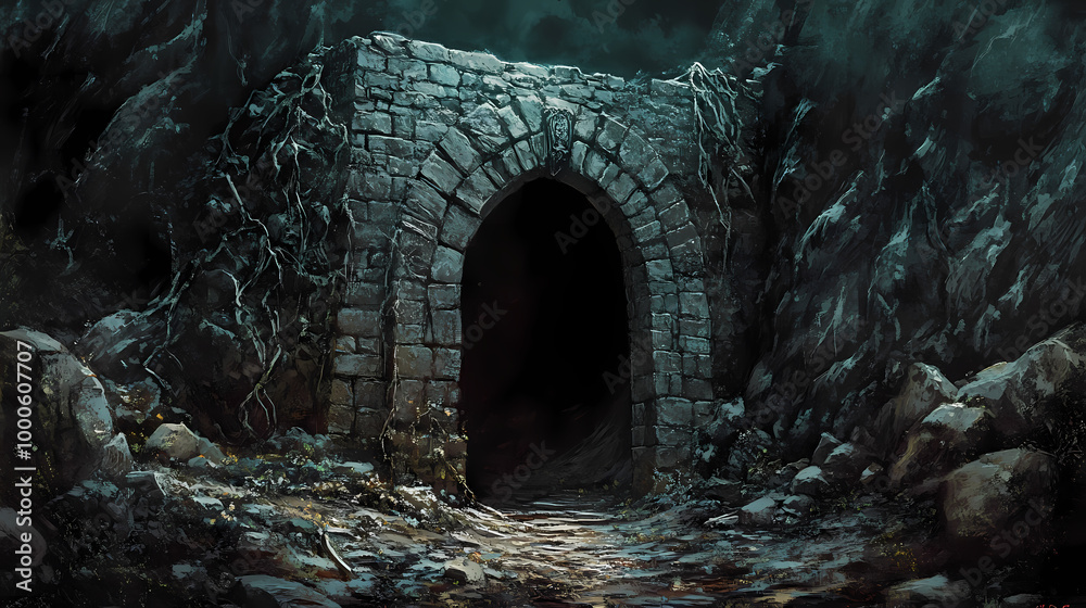 Fantasy scene of a ancient stone brick archway entrance ruins to a ...