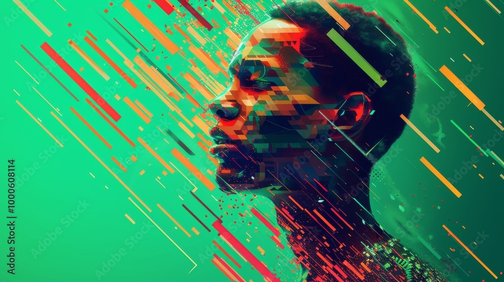 This digital artwork shows a side profile of a human figure surrounded ...