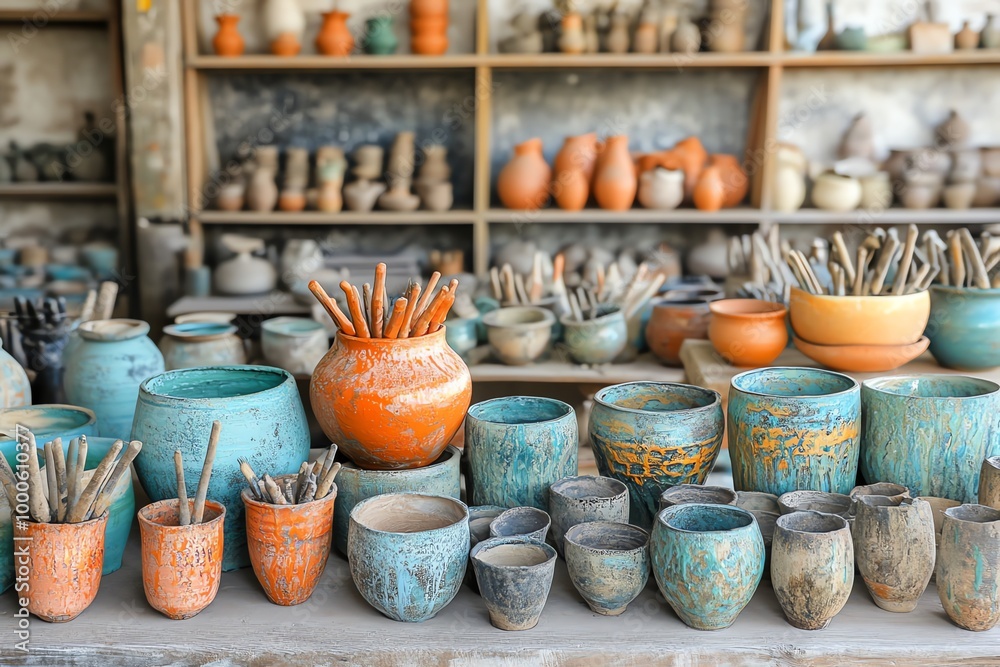A variety of pottery pieces in various stages of completion and a ...