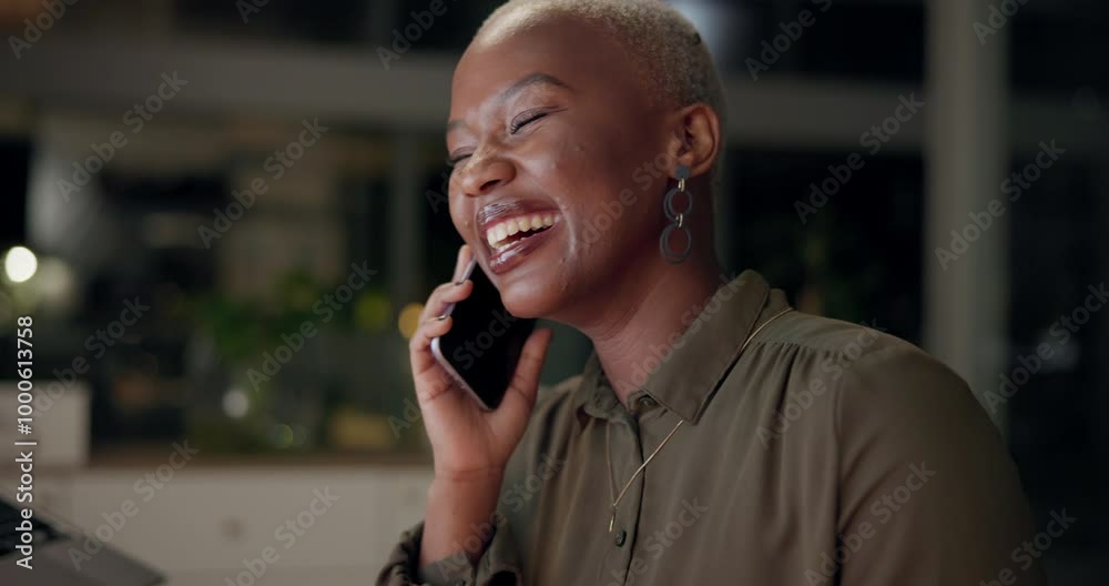 Happy, black woman or phone call at night for business, contact or chat ...