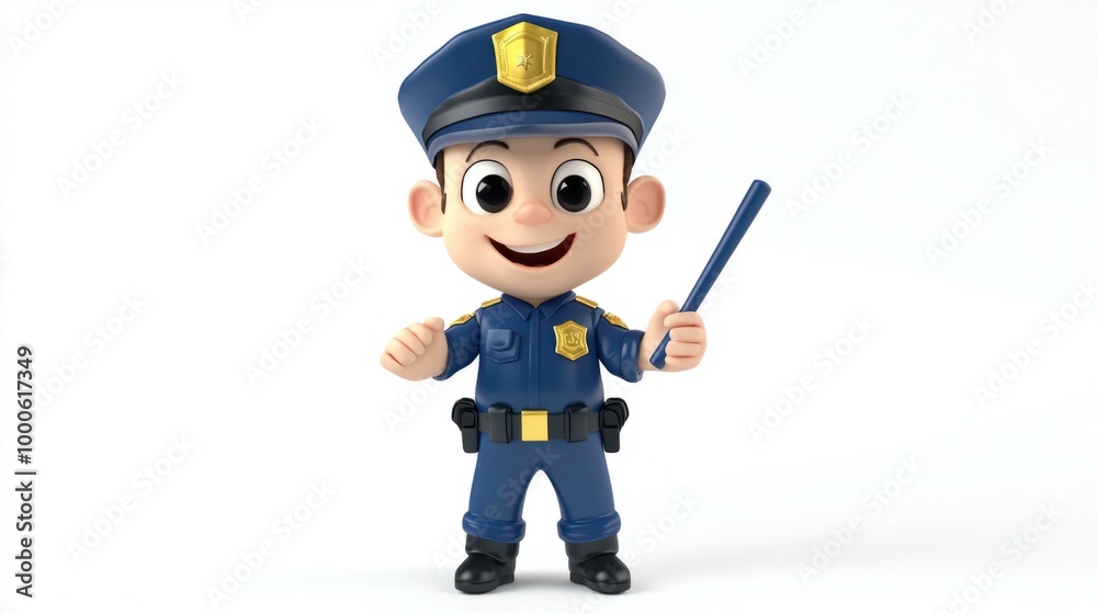Cute cartoon police officer holding a tiny baton and wearing a big hat ...