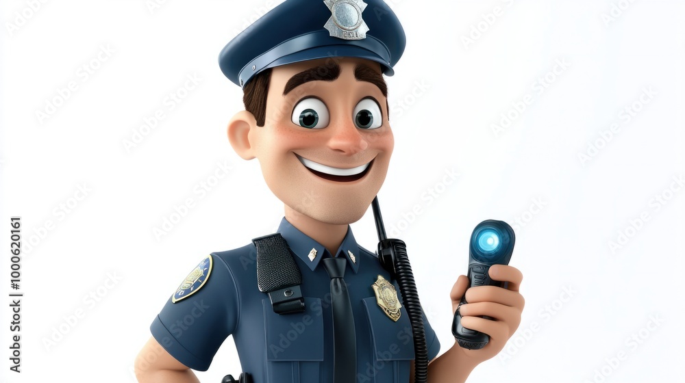 Friendly police officer cartoon with a radio and flashlight, smiling ...