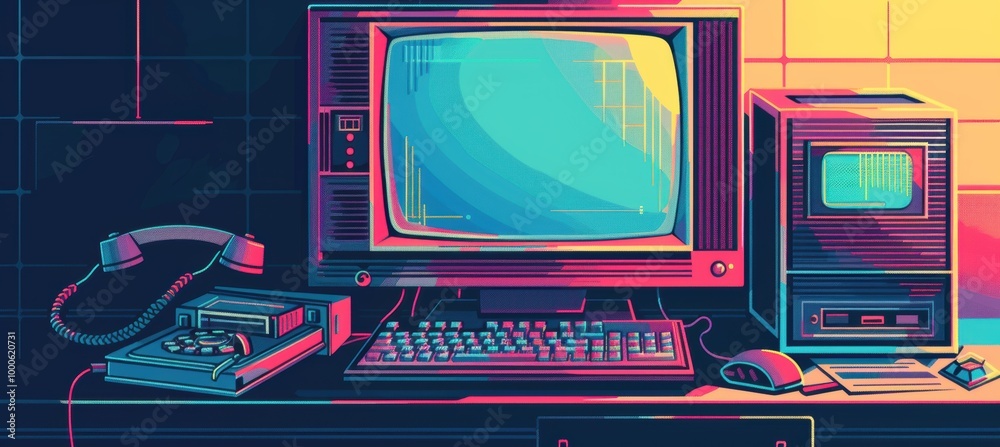 Retro 90s Technology Banner Featuring Desktop Computer, Floppy Disk ...