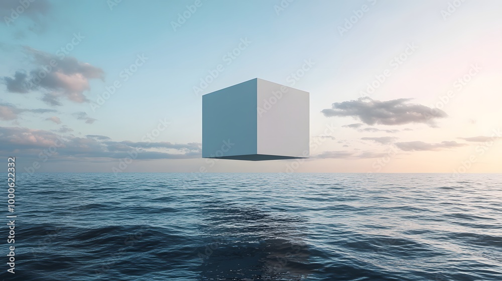 4. A surreal 3D rendering of a floating white cube podium above a vast ...