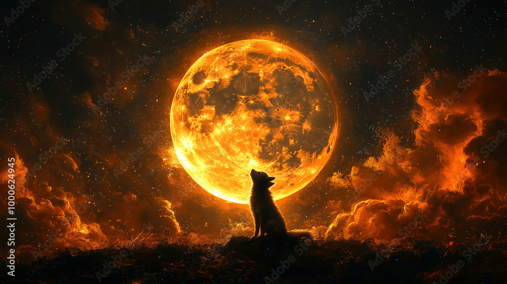 Enchanting Wolf Cub Under Glowing Full Moon in a Mystical Night Scene ...