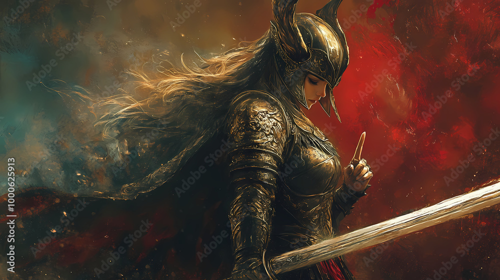 Using a finger gesture, a beautiful valkyrie in plate armor with long ...