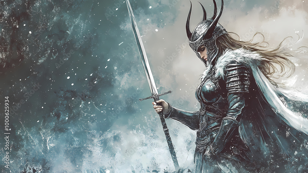 Using a finger gesture, a beautiful valkyrie in plate armor with long ...