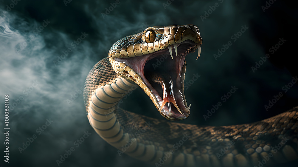 Close-up of a menacing snake with its mouth wide open, sharp fangs ...