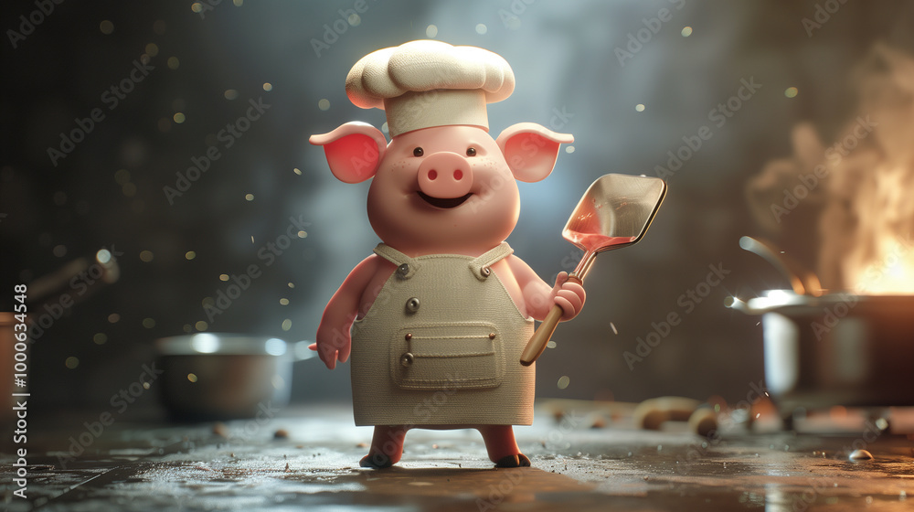 Adorable pig chef character in a kitchen setting holding a spatula with ...
