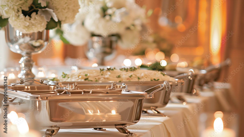 Elegant buffet table with silver chafing dishes and floral decorations ...