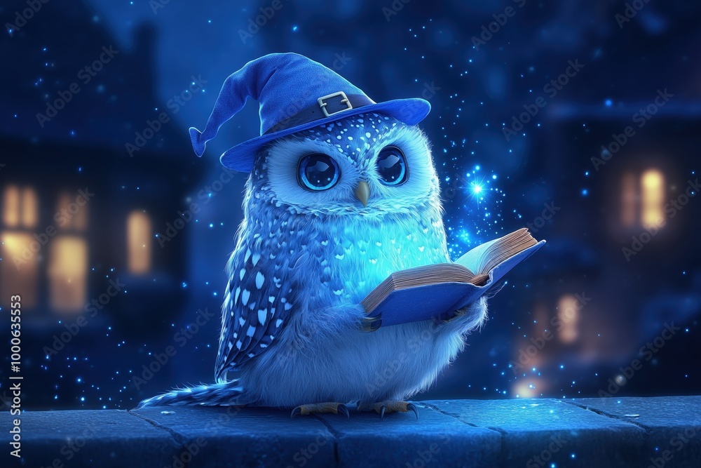 Enchanted Owl: A whimsical digital art illustration of an adorable owl wearing a wizard's hat ...
