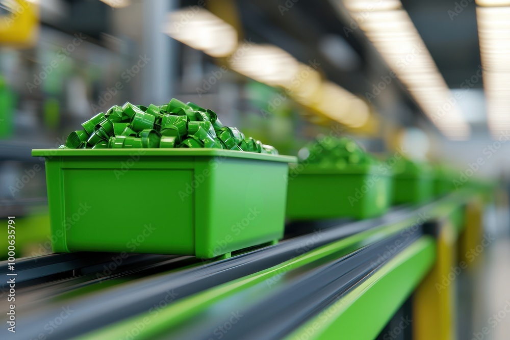 Green bins filled with colorful materials on a conveyor belt in a ...
