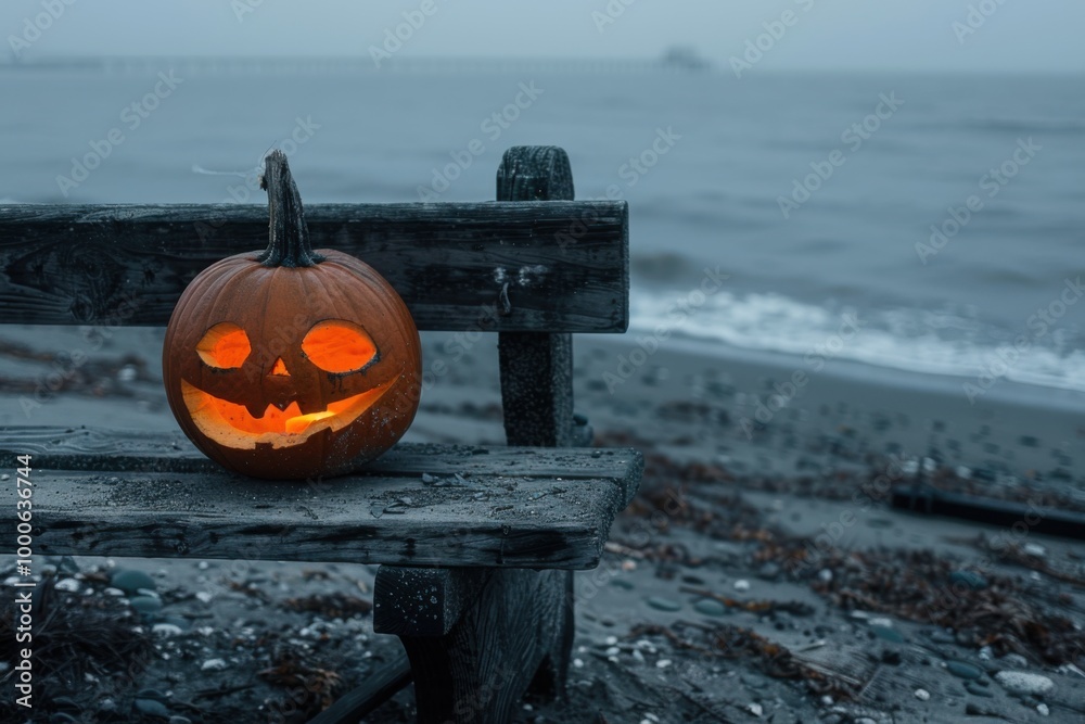 Spooky Jack-o'-Lantern on Haunted Beach with Eerie Glow and Coastal ...