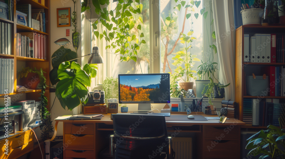 Sunny home office with plants and modern computer, bright and inspiring ...