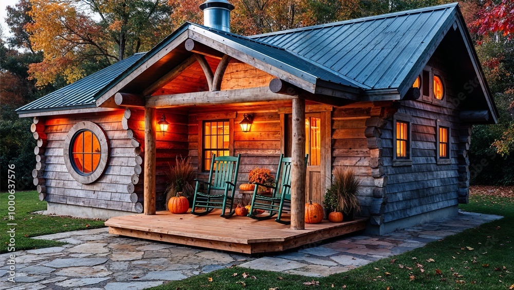rustic, wooden cabin with a unique architectural style. The cabin ...