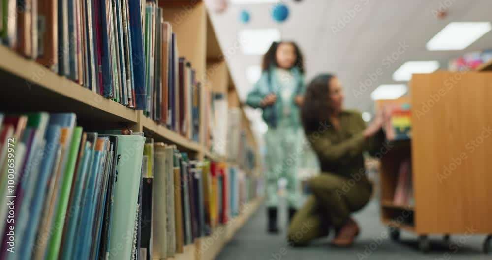 Library, blur and books for education on bookshelf, learning and ...