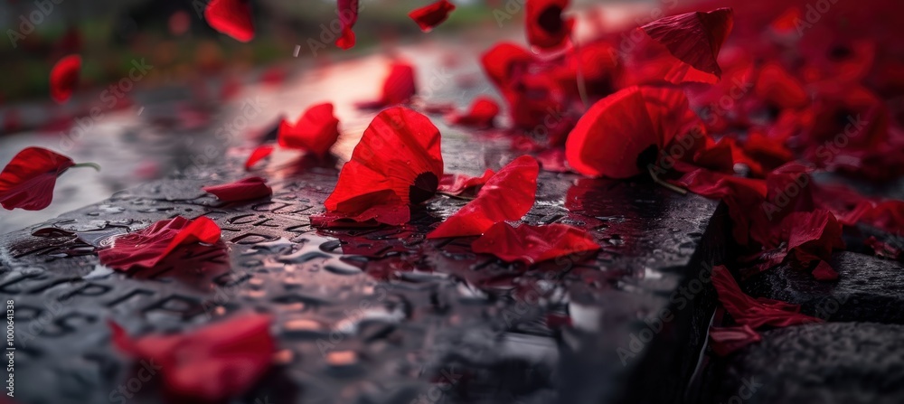 Red Poppy Petals on Memorial Plaque Commemorating Fallen Soldiers ...