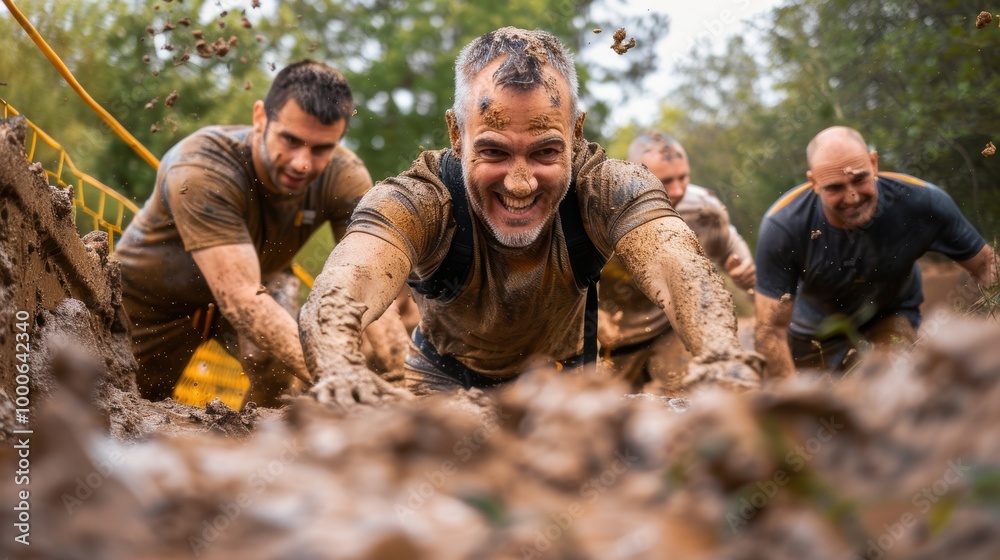 Team Building Adventure: Middle-Aged Men Conquering Muddy Obstacle ...