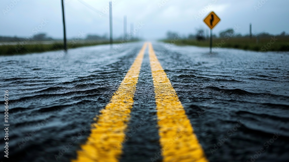A desolate road submerged in water, showcasing the effects of heavy ...