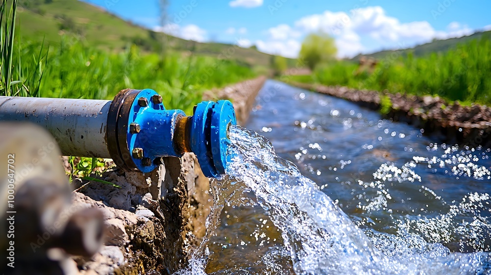 Water flows from a pipe into an irrigation canal, providing life to the ...