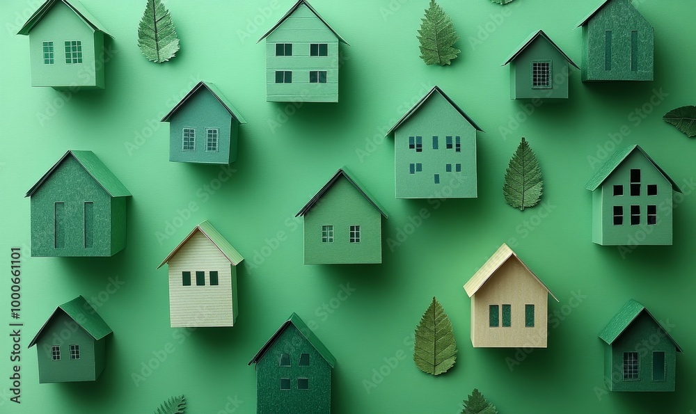 Assorted green paper houses on a green background symbolizing eco ...