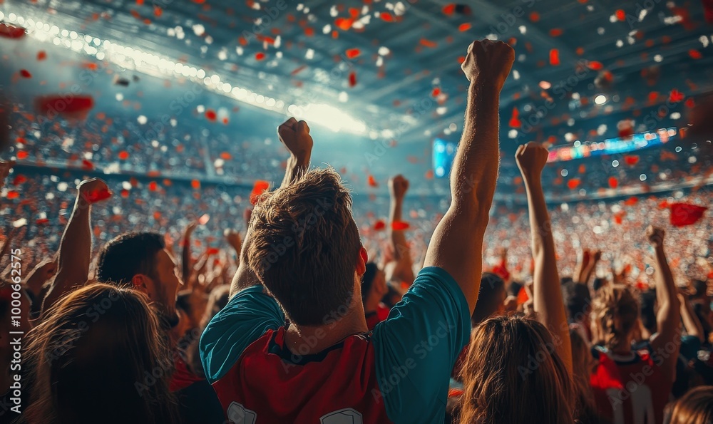 Exhilarated crowd of footballsoccer fans cheering passionately in a stadium, expressing intense ...