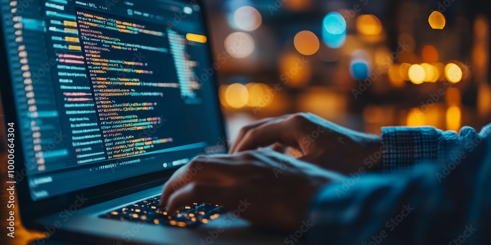 Programmer working on their professional development types on a laptop computer keyboard. Coding ...