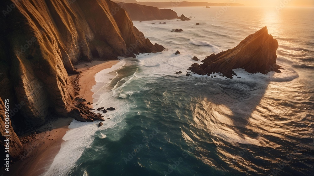 An aerial view of a coastal cliffside with waves crashing against the ...