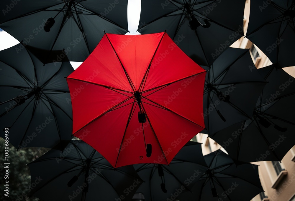 The power of one: A solitary red umbrella stands tall among a crowd of ...