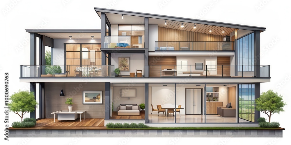 Modern home cross section, rendering, modern, home, cross section ...